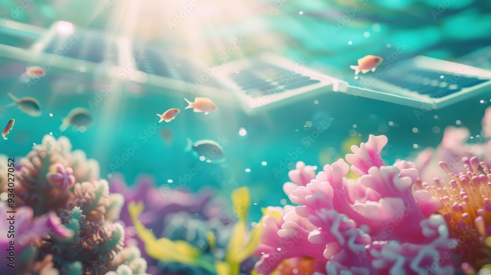 An underwater world with coral reefs adorned with solar panels ...