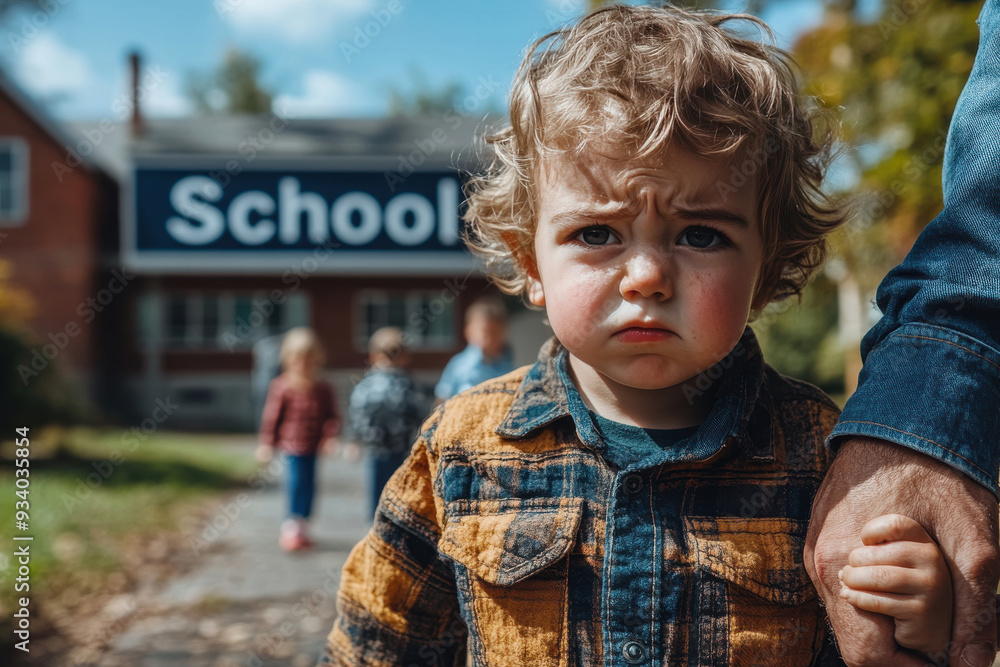 Sad and angry boy entering school with his father Stock Photo | Adobe Stock