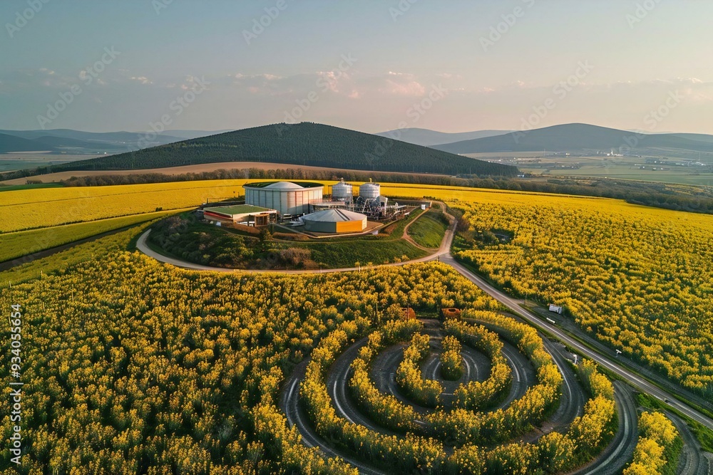 Aerial view of a biogas plant and farm surrounded by blooming rapeseed fields, showcasing ...