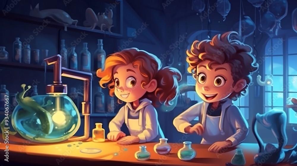 Children conducting fun science experiments in a laboratory 2d cartoon ...