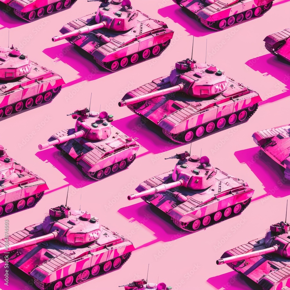 "Pink tanks in a bold war pattern, strategically pointing in various ...