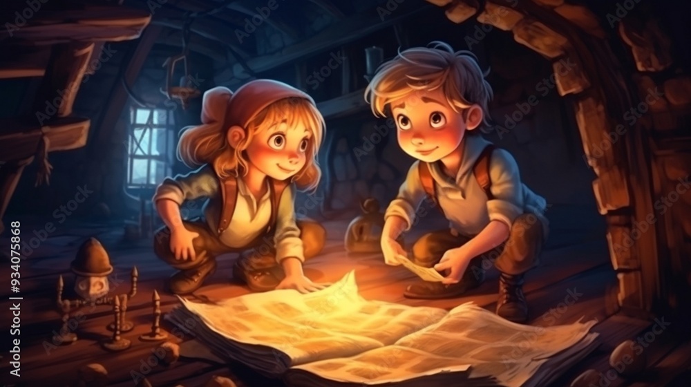 Children discovering a hidden treasure map in an old attic 2d cartoon ...