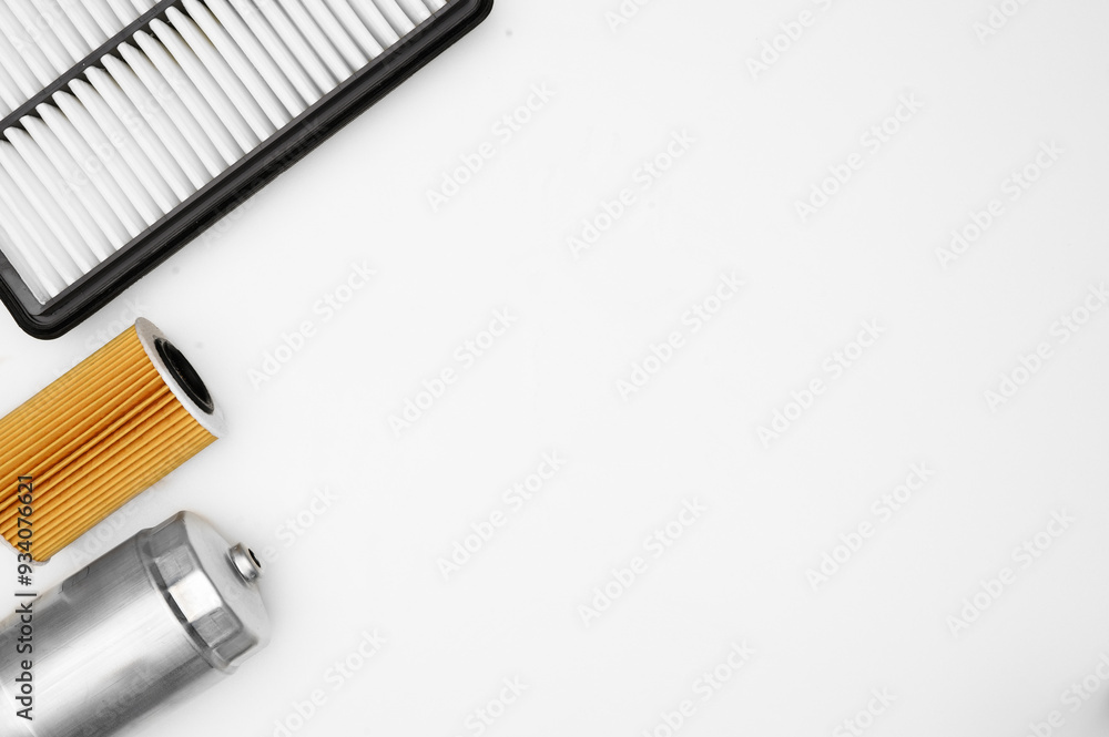 Layout of car filters on white background. Car oil filter, air filter ...