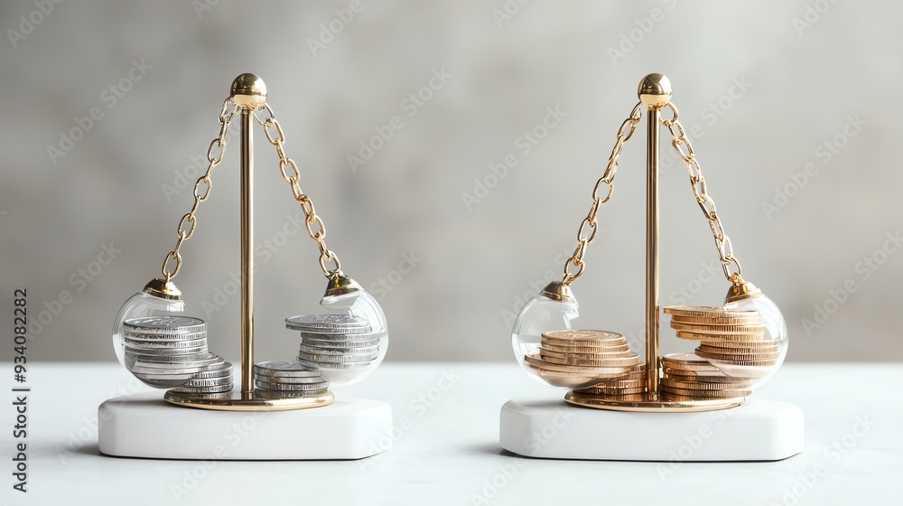 A balanced scale displaying coins and bills, symbolizing finance ...
