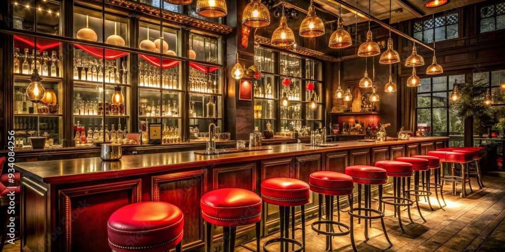 Red Bar Stools and Golden Lights at a Luxurious Bar, Bar Decor, Bar ...