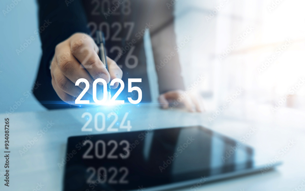 Development business plan in 2025. Businessman choose on a virtual ...