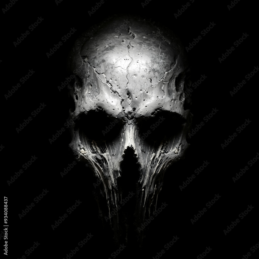Spooky scary creepy ominous Halloween skull in total darkness isolated ...