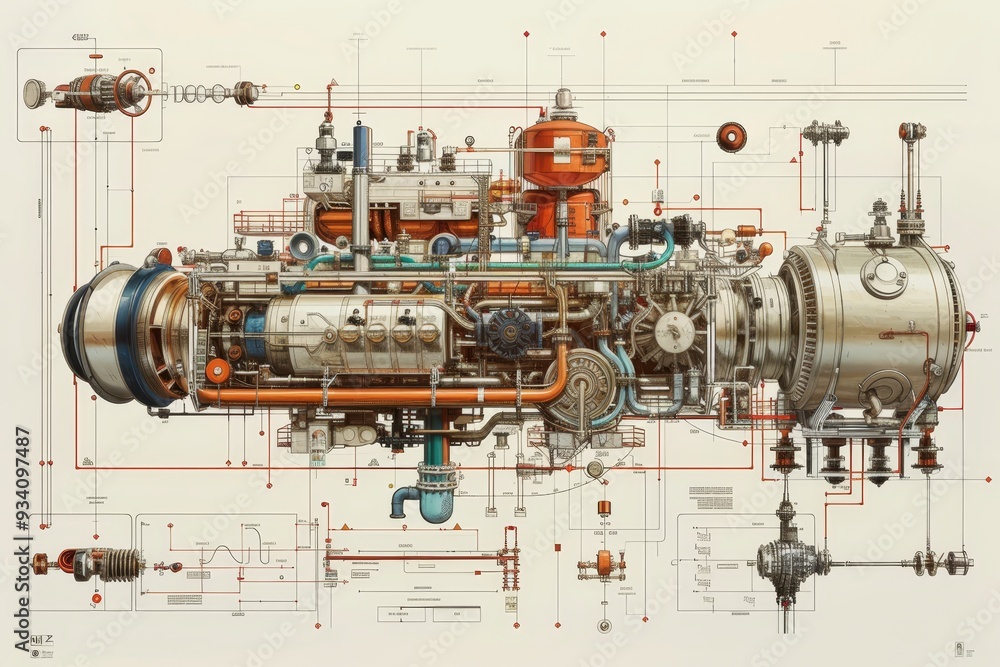 drawing of large industrial machine, detailed diagram of complex ...