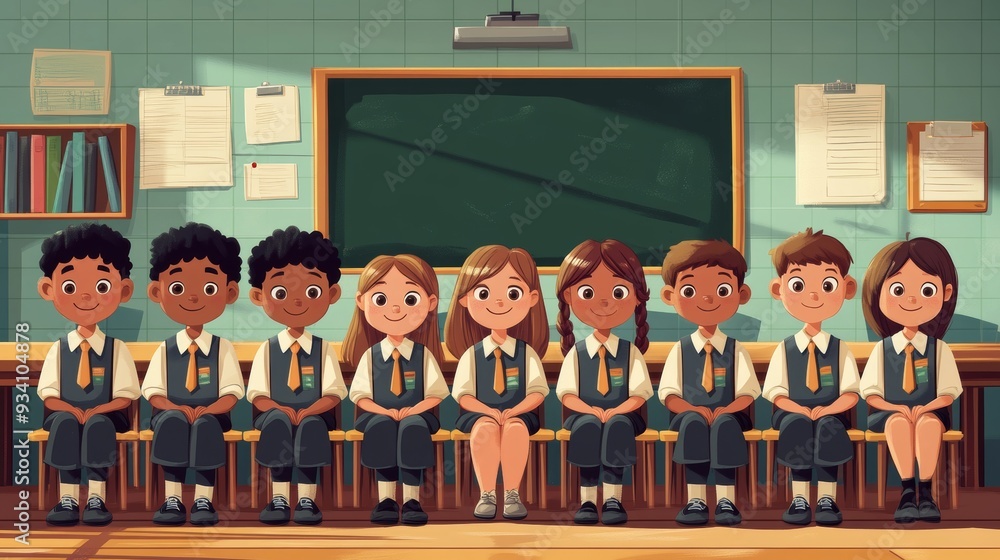 School students posing for class photo in classroom. Teen boys and ...