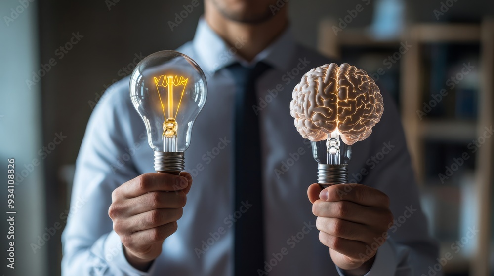 Confident businessman holding a digital light bulb and brain split in ...