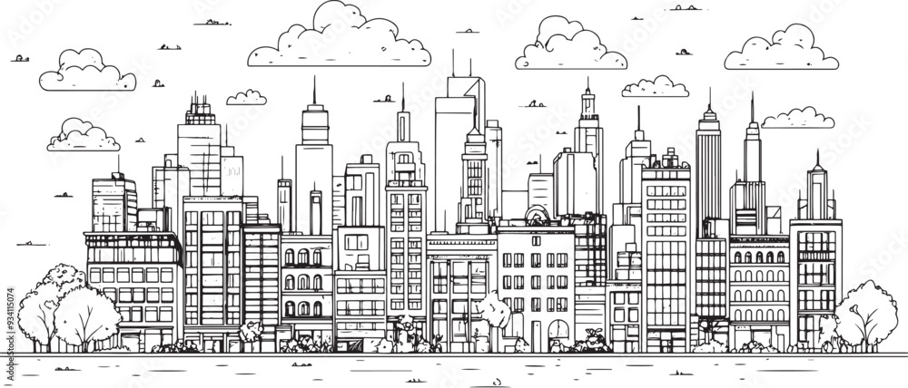 City landscape. Line urban backdrop. Skyline with clouds, different ...