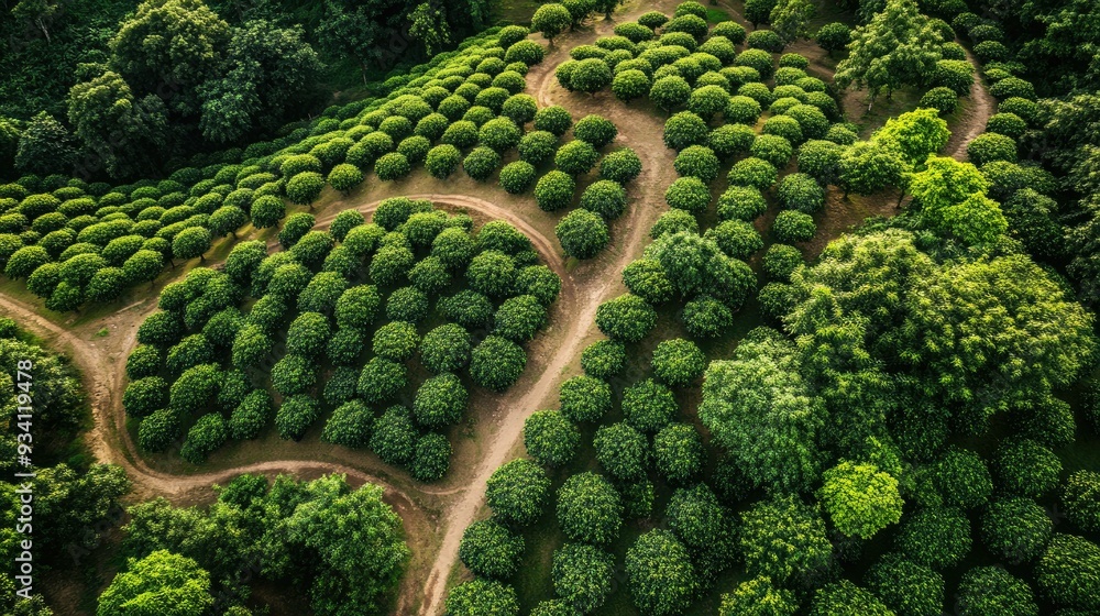 Overhead view of a sprawling coffee farm, with dense green foliage and ...