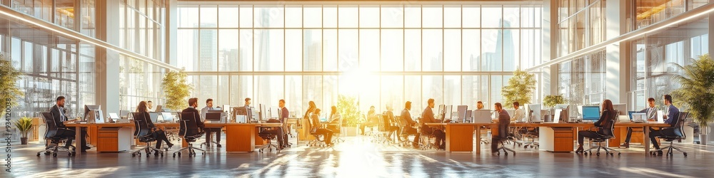 Office with lots of working people, big business team working together ...