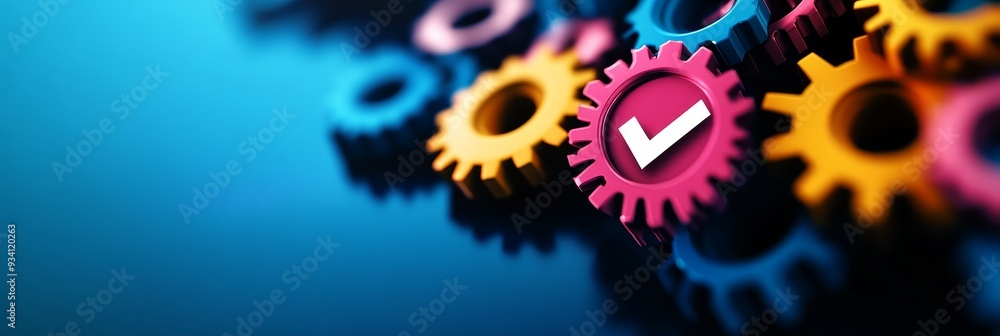 Colorful Gears with Checkmark - Success and Teamwork Concept - A group ...