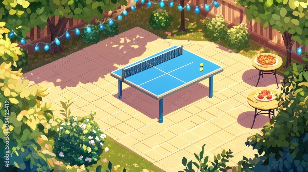 Sunny daytime garden isometric view, blue tennis table in the middle ...