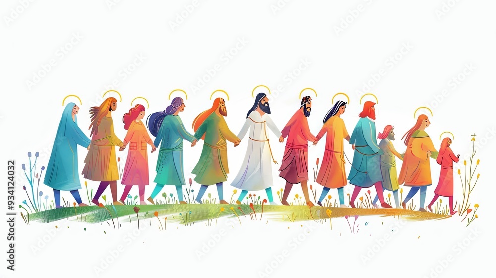 An animated portrayal of a diverse group of people with golden halos ...