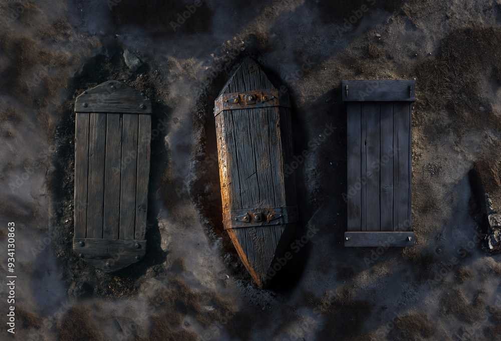 Three caskets or coffins in a graveyard, top down view. A whimsical ...