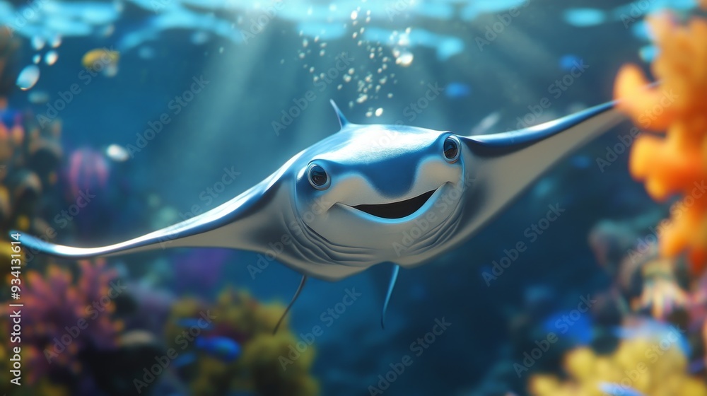 Happy Manta Ray Swimming in the Ocean - A friendly manta ray swims ...