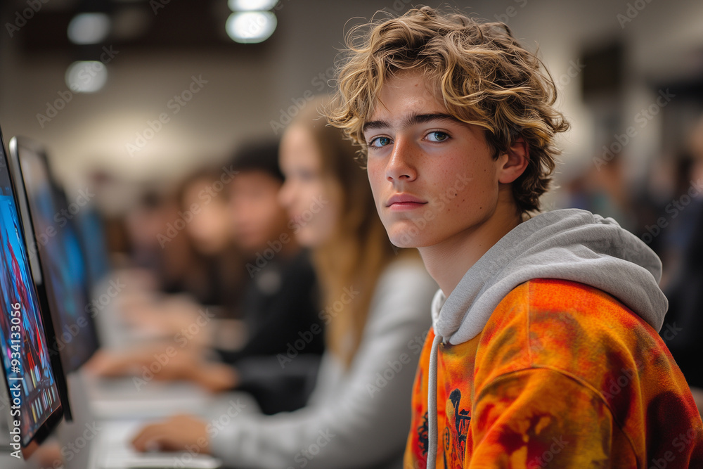 Teens in a digital design class, creating interactive infographics that ...