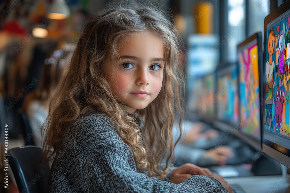 Children in a digital art class, creating posters that promote online ...