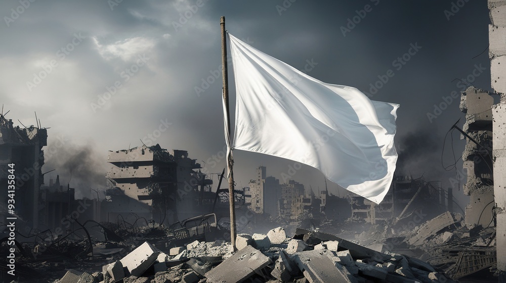 In a devastated urban setting, a torn white flag stands as the only ...