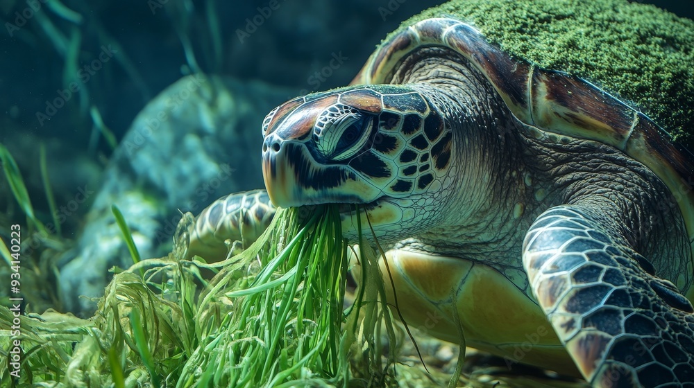 Sea Turtle Grazes on Seagrass in Underwater Paradise - A green sea ...