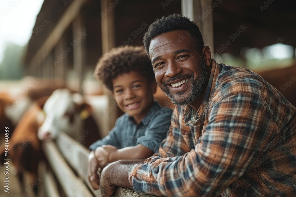 Smiling mature father leaning on stall railing and controlling how son ...