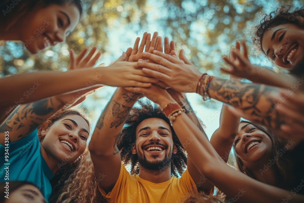 directly below portrait of happy diverse large group of multicultural ...