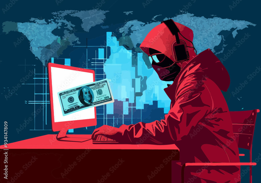 Hacker with Red Hoodie Stealing Money Online in Front of Computer ...