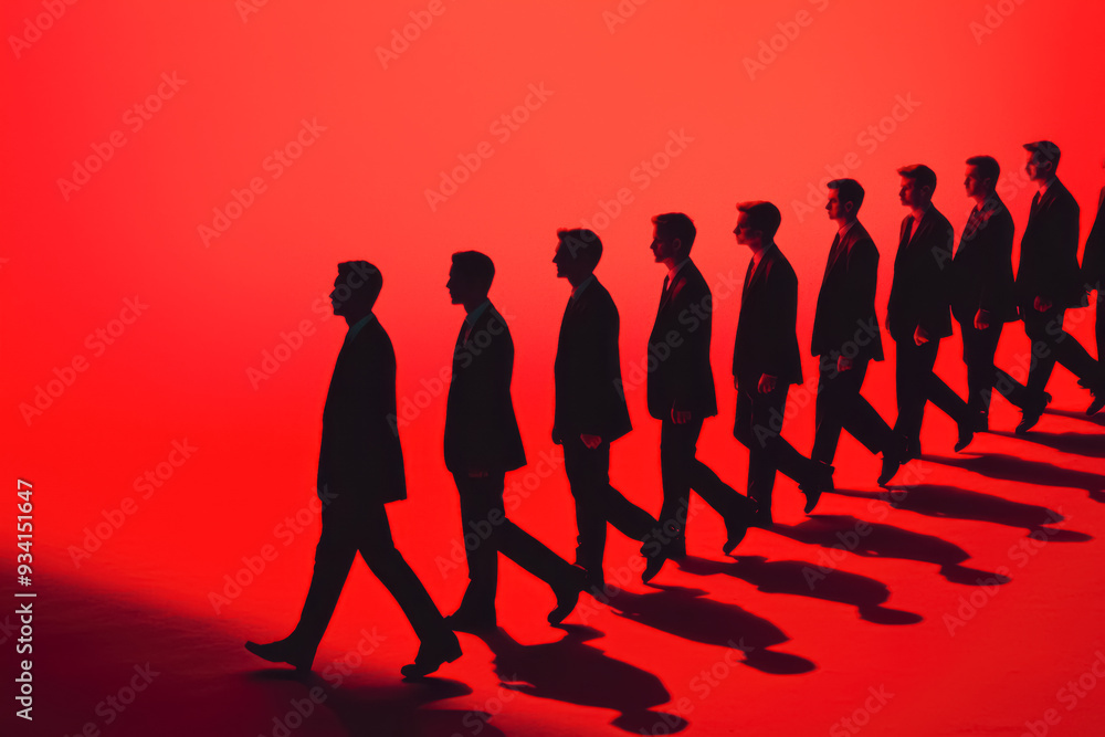 Businessmen in Formation Marching Forward in Red Background. An ...