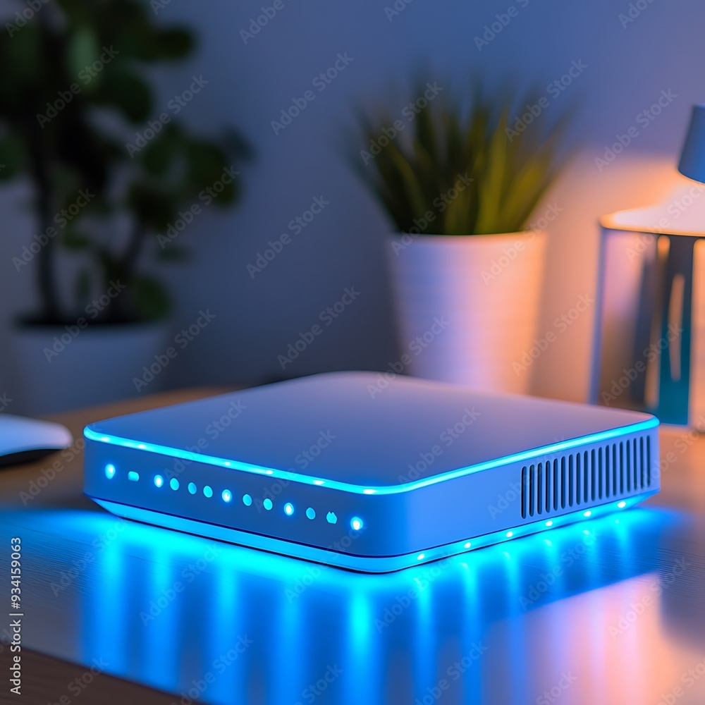 White digital router with glowing blue lights on office table providing ...