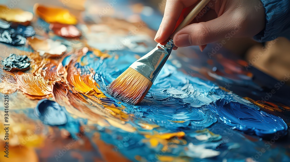 image of an artist mixing different colors of paint on a palette, with ...