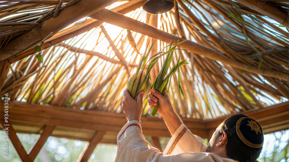 Man Holding Lulav and etrog in Sukkah, Sukkot Holiday Tradition, Jewish Ritual Under Sunlit Roof ...