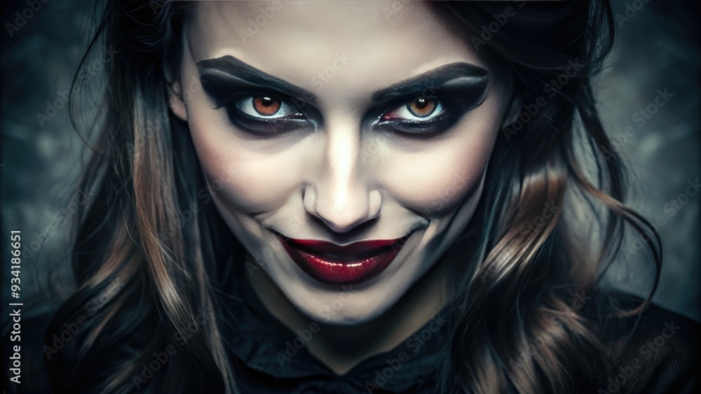 Ominous portrait of a sinister female figure with piercing eyes, dark ...