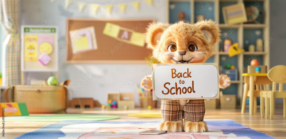 Adorable cartoon plush lion holding 'Back to School' sign in a colorful ...