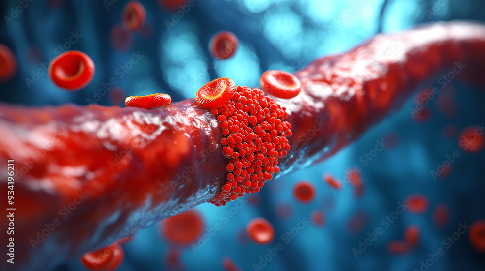 Blood clot formation in blood vessel, showcasing red blood cells and ...