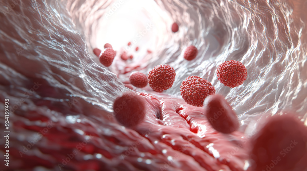 Inside blood vessel, red blood cells flow through vibrant, textured ...