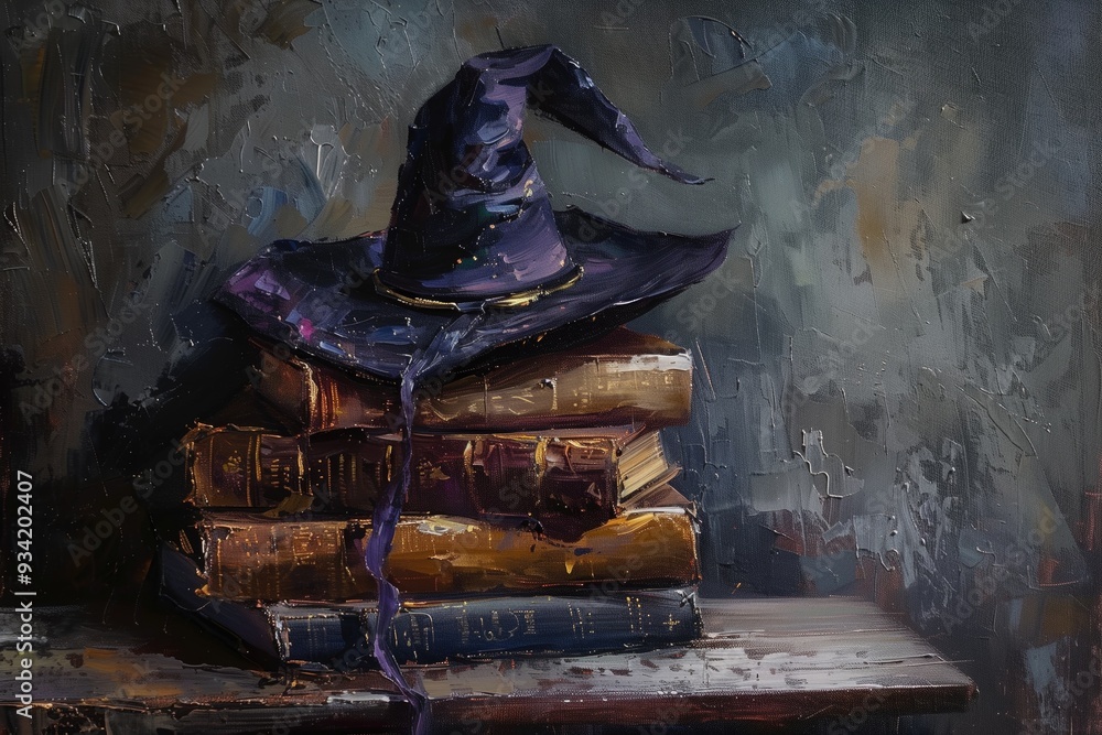 Old wizard hat resting on a stack of ancient books with a dark, moody ...