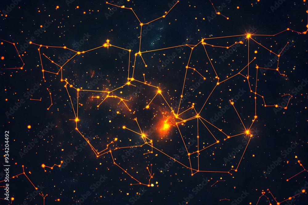 Neon constellation map of the night sky isotated on black background ...