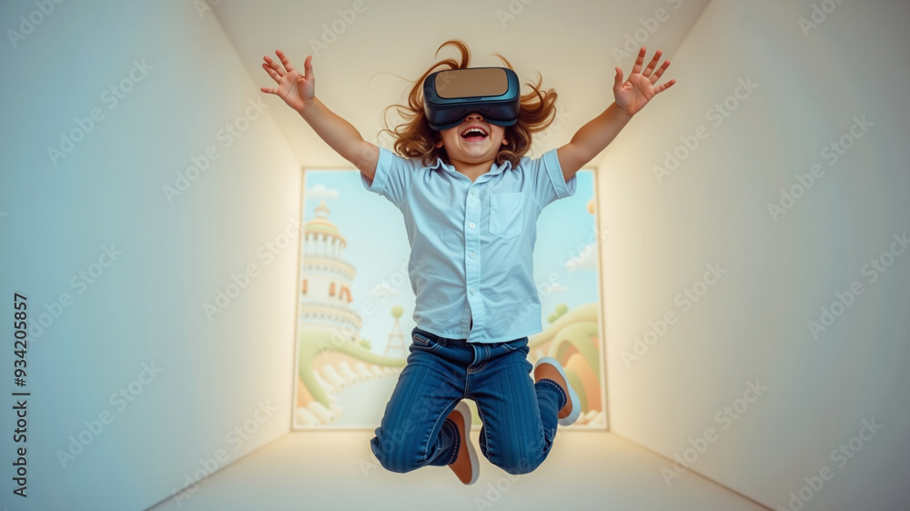 Child jumping and playing VR games with a big smile. Vibrant colors and ...