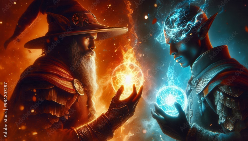 Enigmatic Elf Wizard Wielding the Power of Fire and Water with a ...