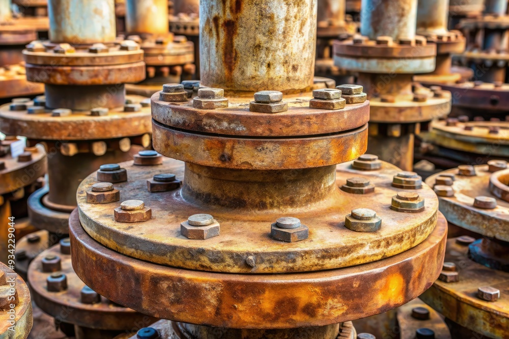 Rusted, worn flanges and pipes with heavy metal bolts, hinting at heavy ...