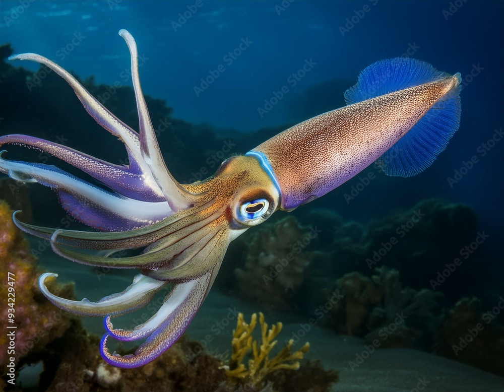A vibrant squid swims gracefully through the deep ocean, showcasing its ...