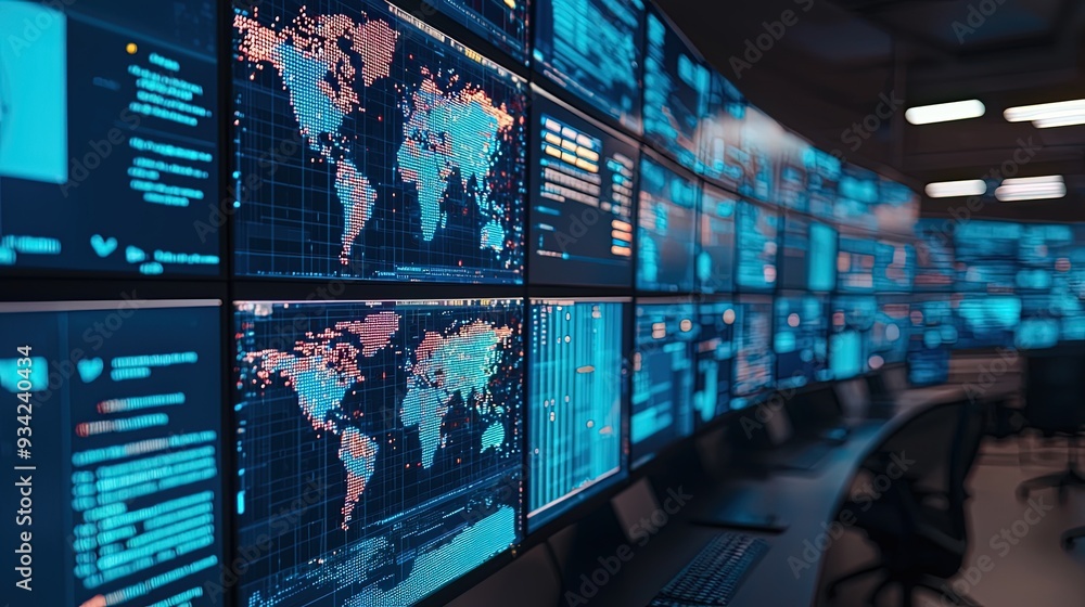 Global remote work environment with diverse digital screens displaying ...