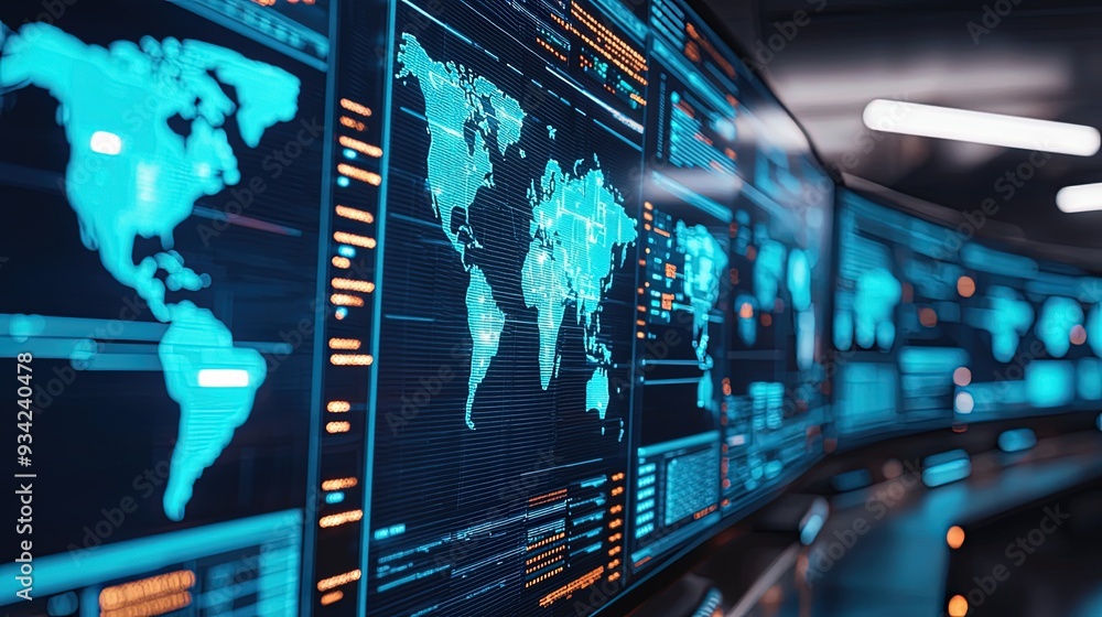 Global remote work environment with diverse digital screens displaying ...