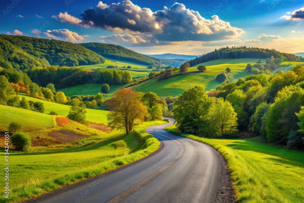 Scenic rural landscape features a newly paved empty asphalt road ...