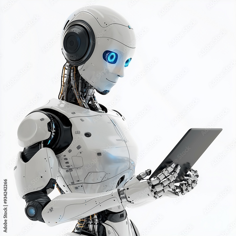 Photograph of an AI robot with blue eyes holding and reading from a ...