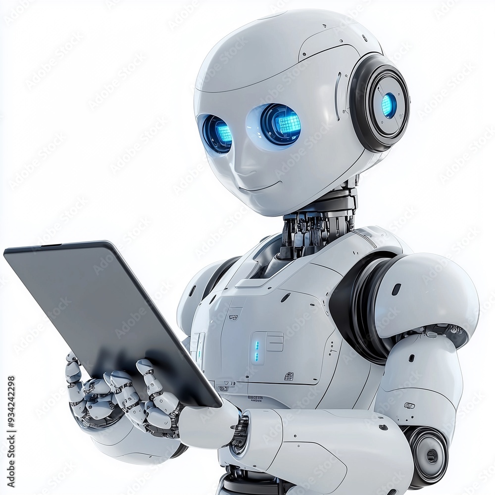 A robot holding an iPad white background blue eyes doing computer work ...