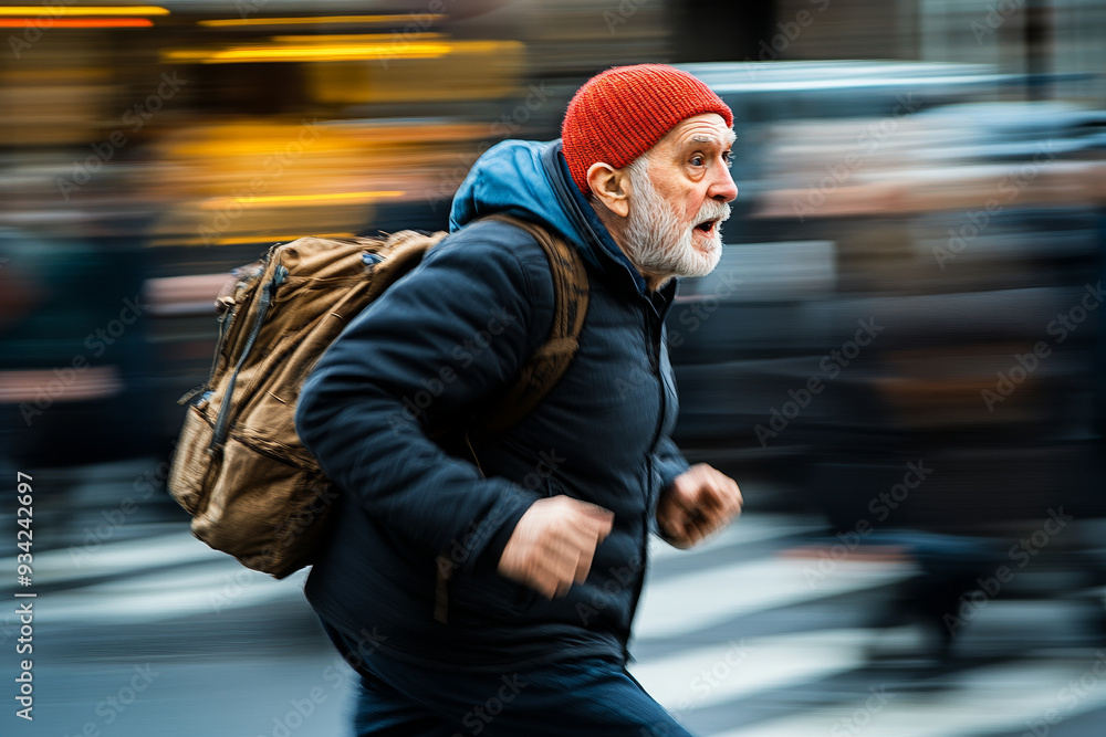Funny old man running fast on a busy street. Panning image. Generative ...