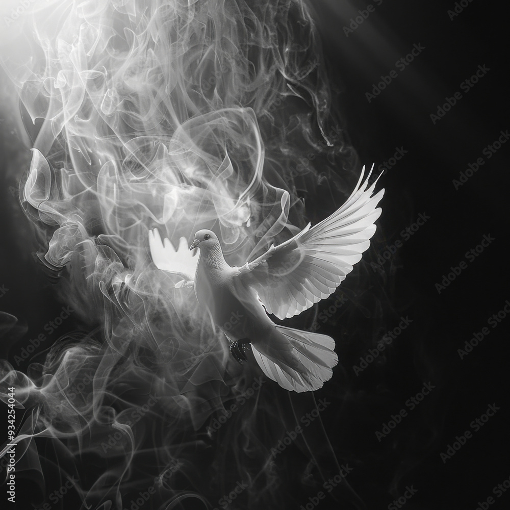 Holy spirit, Dove in flames. White dove flying in the sky with smoke ...